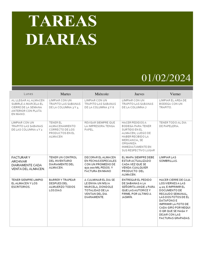 Tareas Diarias | PDF