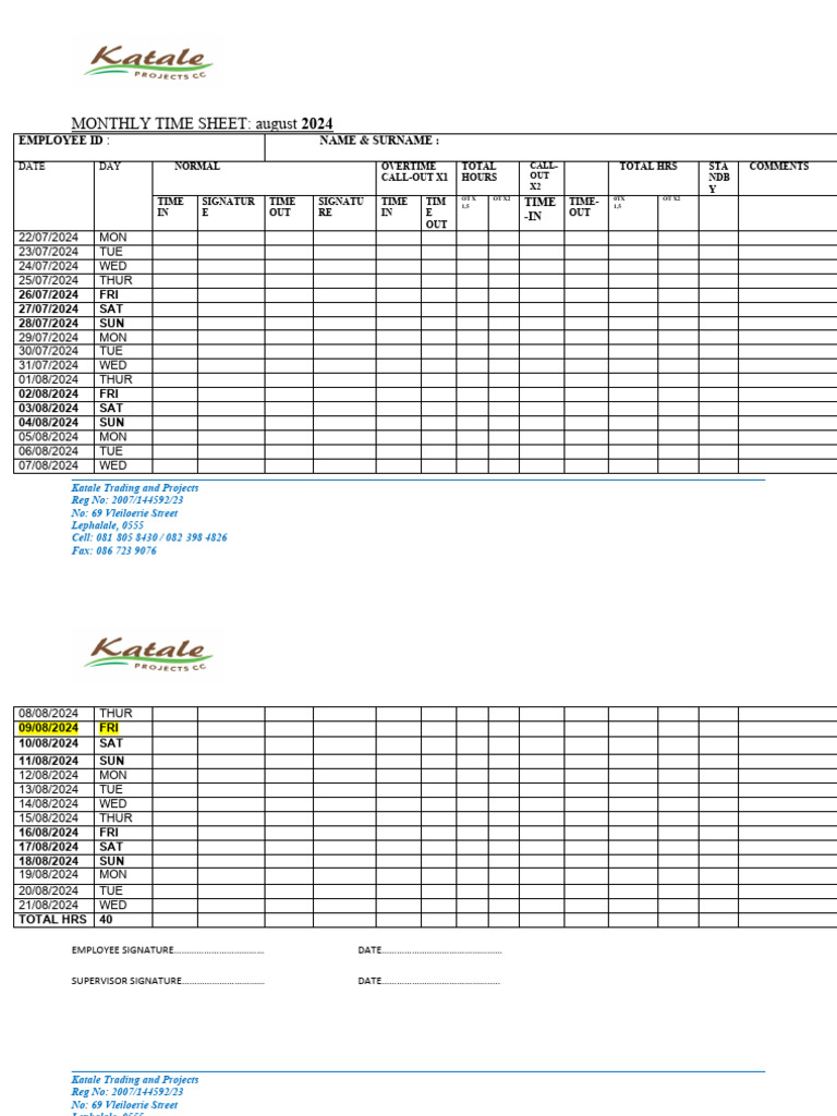 August 2024 Employee Time Sheet | PDF