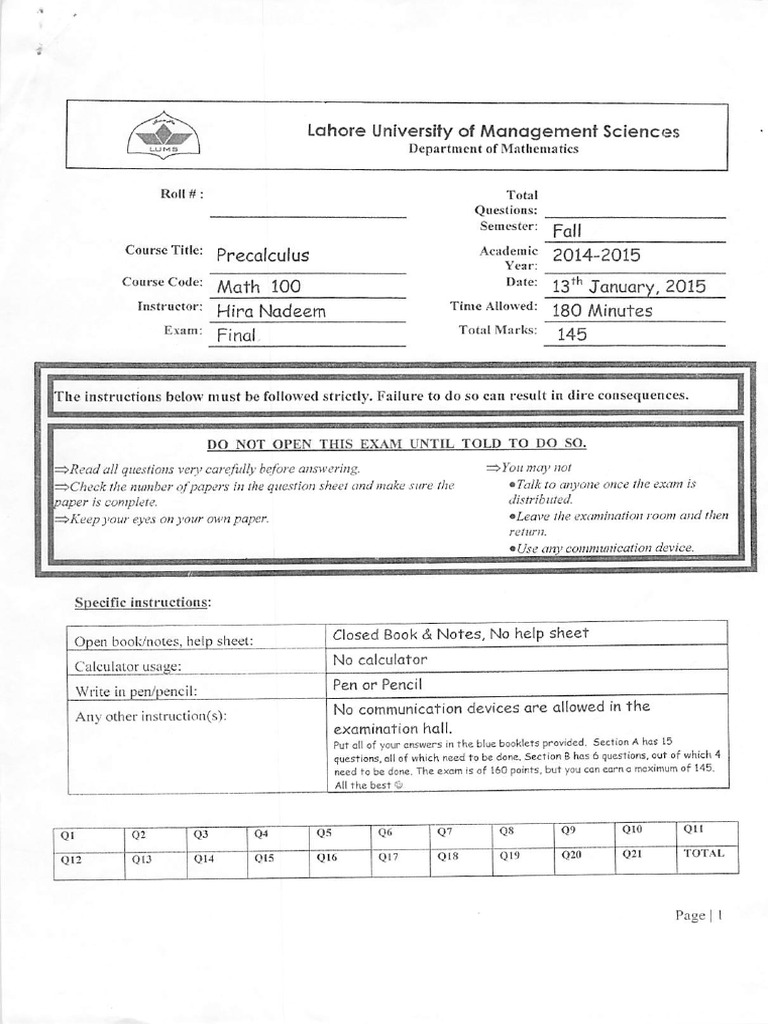 Pre-Cal - Math 100 | PDF