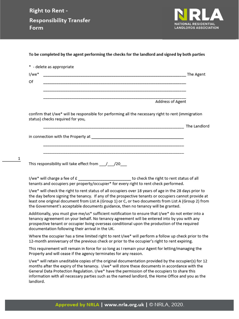 Right To Rent Responsibility Transfer Form | PDF | Leasehold Estate ...