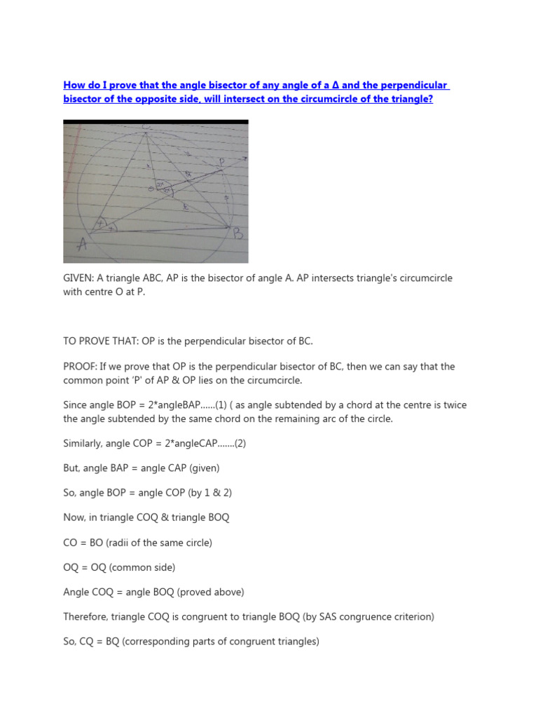 Angle Bisector and Perpendicular Bisector Proof | PDF