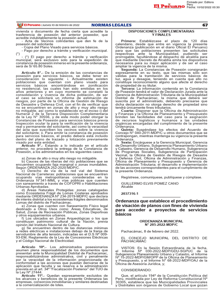 OM 285-2022 VISACION DE PLANOS LEY COMPLEMENTARIA COFOPRI | PDF ...