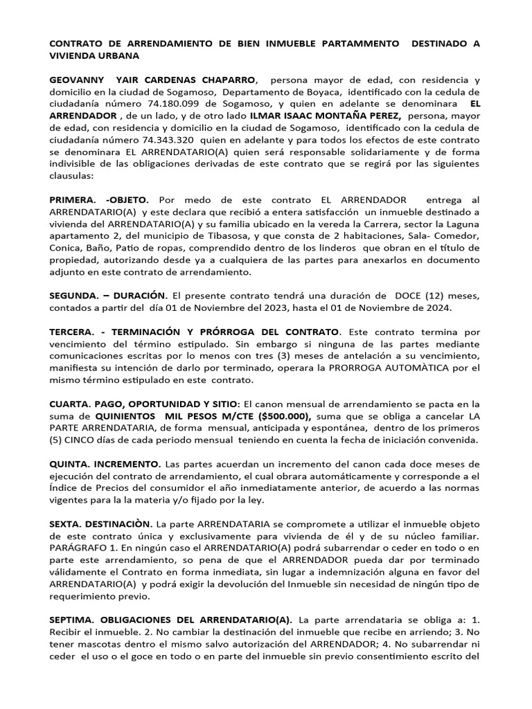 Contrato de Arrendamiento de Bien Inmueble Partammento Destinado A Vivienda Urbana | PDF