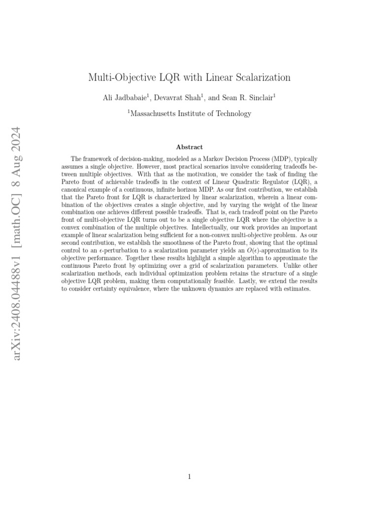 Multi Objective Lqr With Linear Scalarization Pdf Mathematical