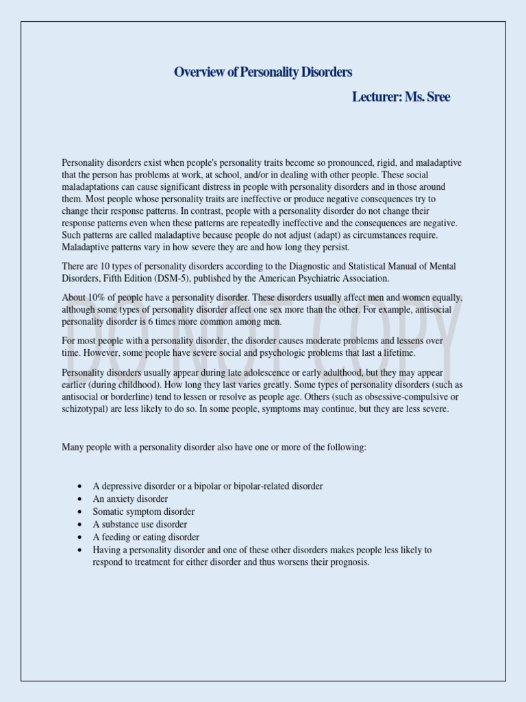 Overview of Personality Disorders (1) | PDF | Personality Disorder ...