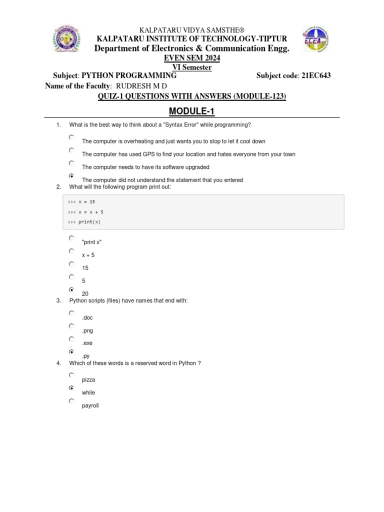 21ec643 Python MDR Quiz Questions | PDF | Control Flow | Python (Programming Language)