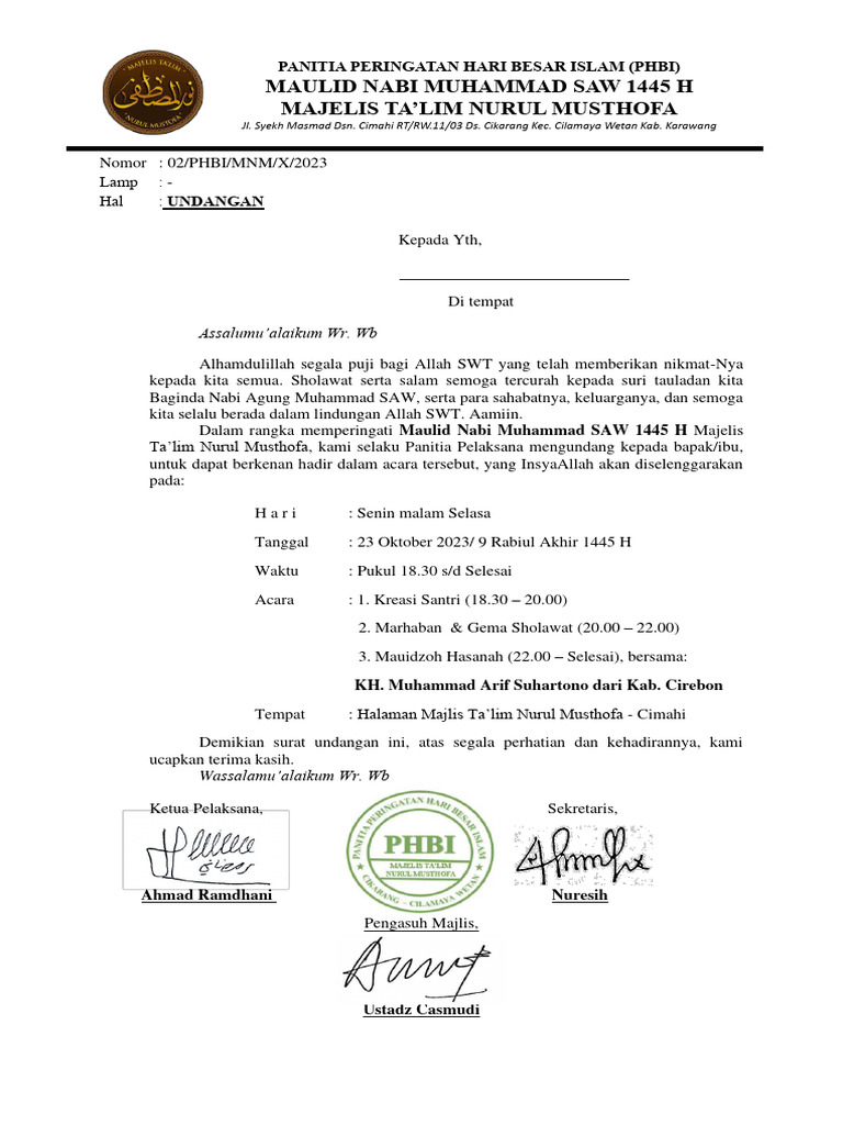 Undangan Maulid Nabi 1445 H di Karawang | PDF