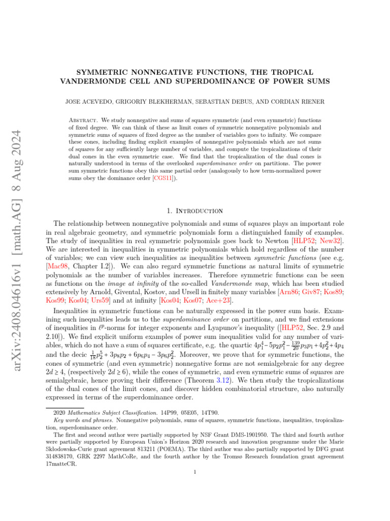 Symmetric Nonnegative Functions, The Tropical Vandermonde Cell and Superdominance of Power Sums ...