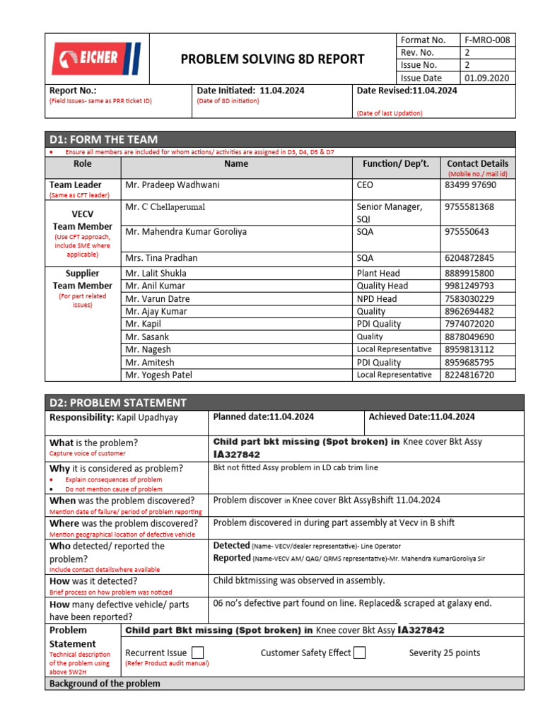 Problem Solving 8D Report: D1: Form The Team | PDF | Welding | Construction
