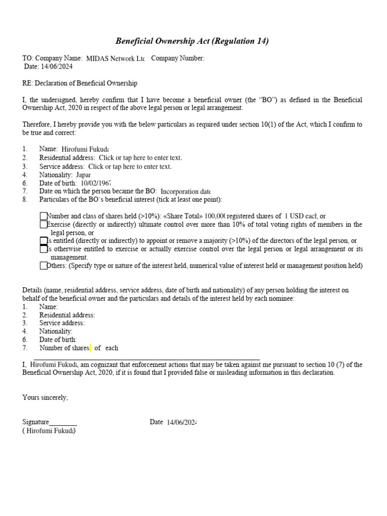 Declaration of BO - MIDAS Network LTD | PDF