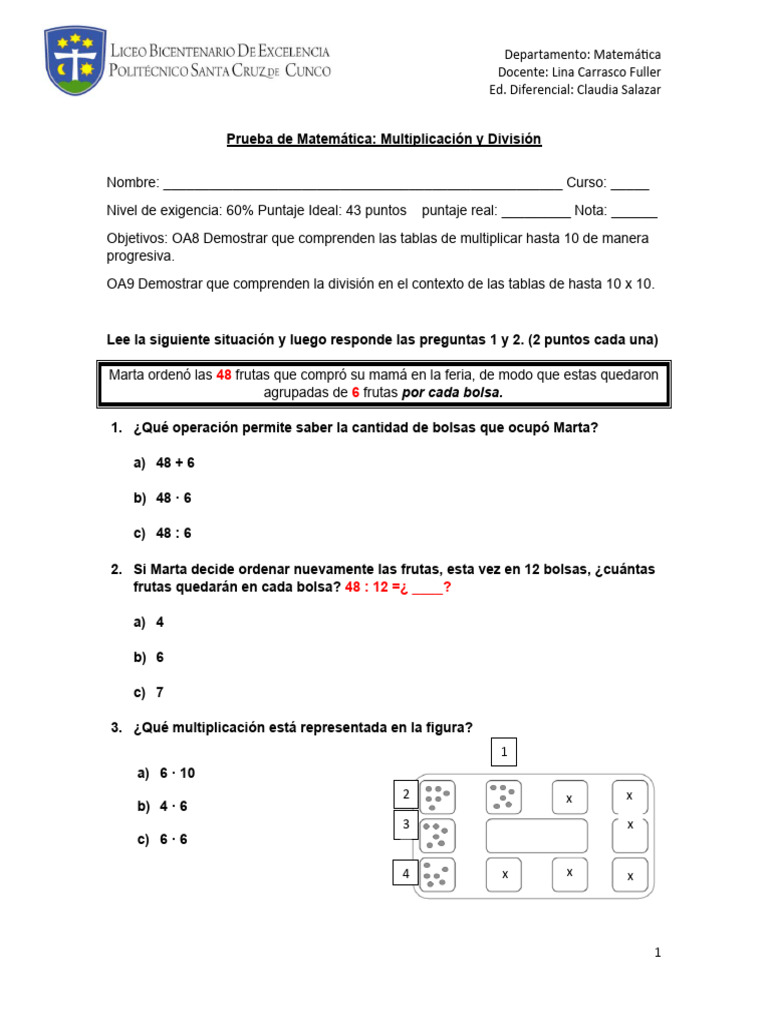 Prueba de Matemática MULTIPLICACIÓN Y DIVISIÓN | PDF | Multiplicación ...