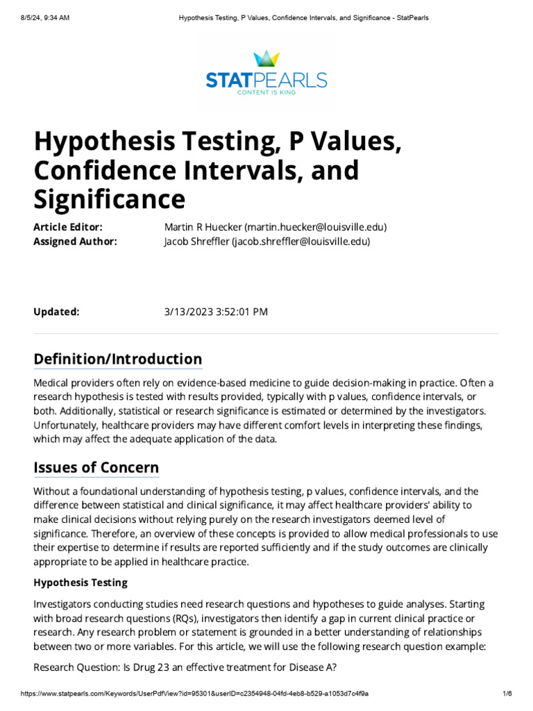 Hypothesis Testing, P Values, Confidence Intervals, and Significance ...