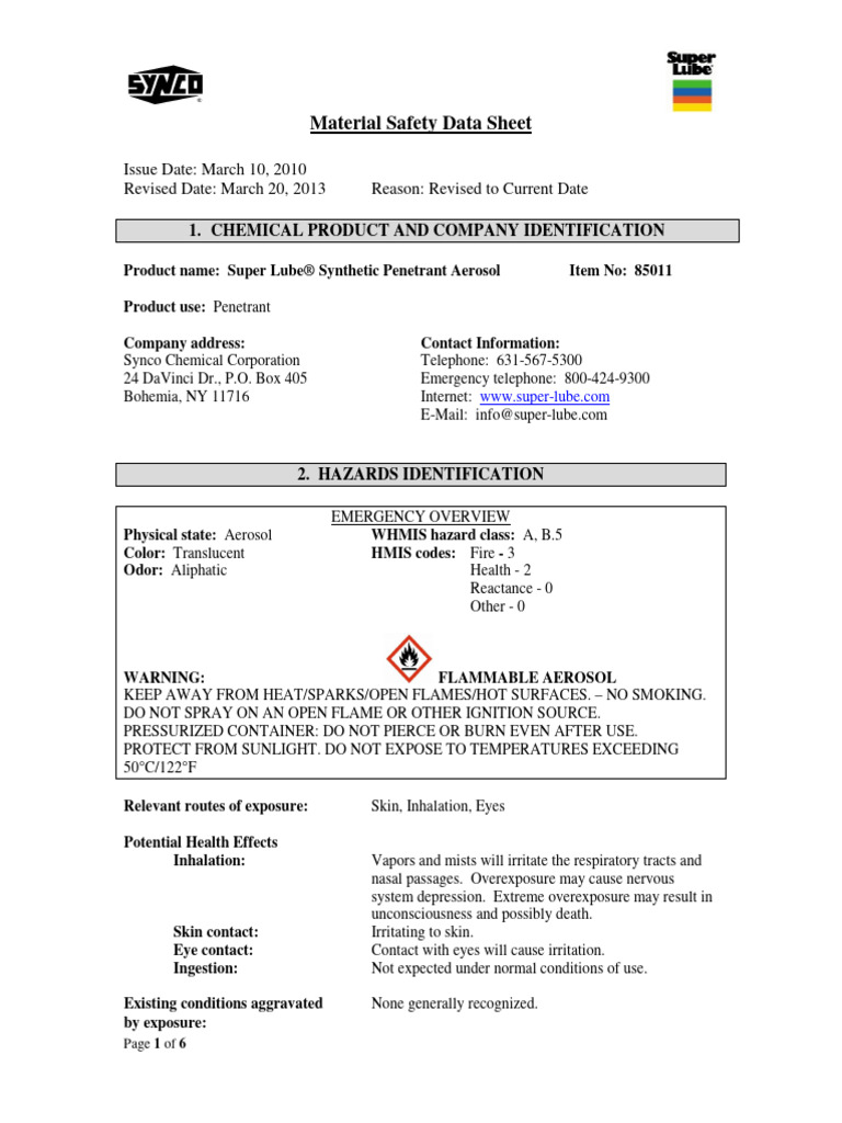 Super Lube Synthetic Penetrant Aerosol - 6012101 - SDS - 09 Jan 03 - 36 ...