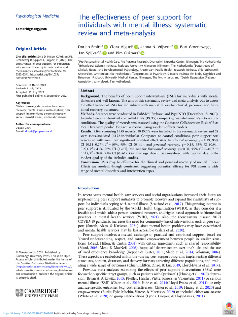 Peer Support Effectiveness in Mental Illness | PDF | Mental Disorder ...