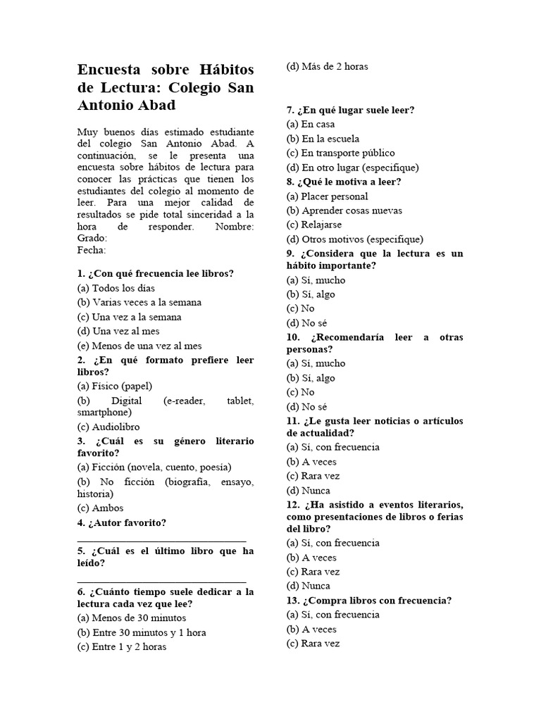 Encuesta Sobre Hábitos de Lectura | PDF