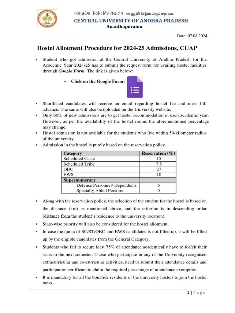 Hostel Allotment Guide 2024-25 CUAP | PDF | Government