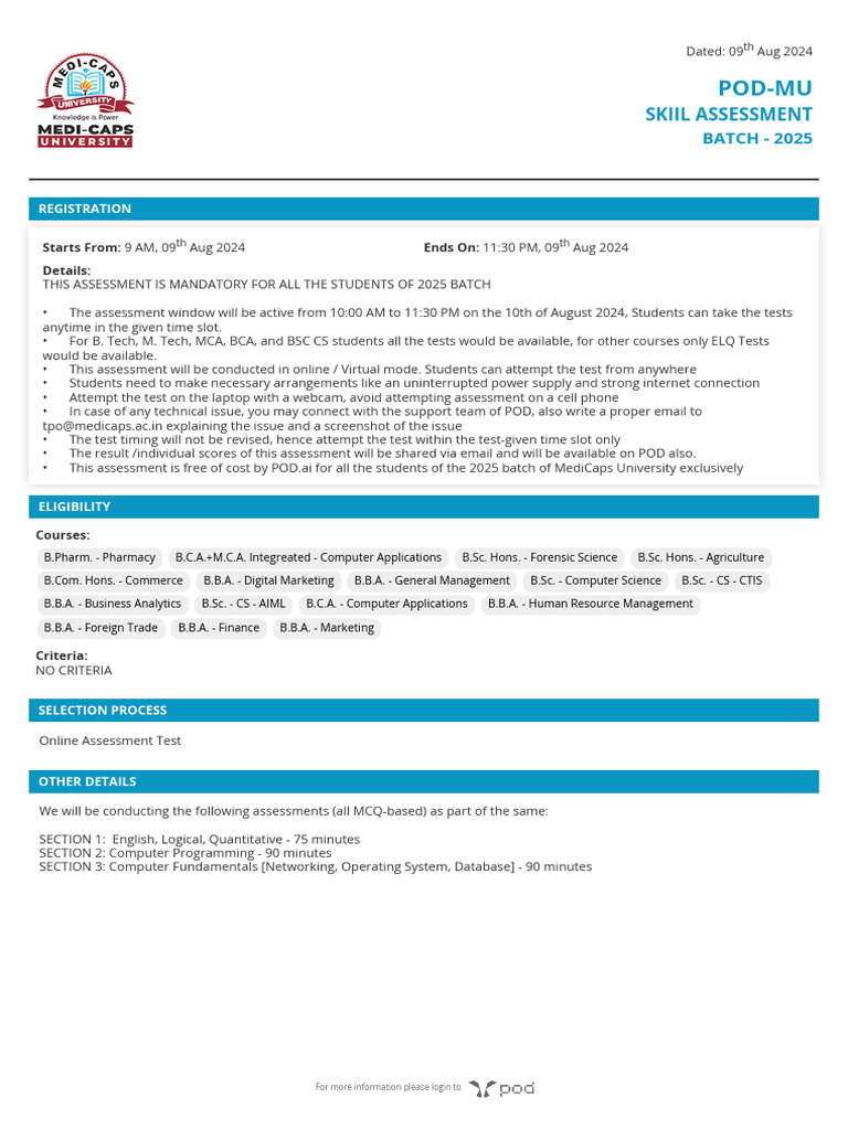 SKIIL ASSESSMENT For UG Courses 2025 Batch | PDF | Computing | Computer ...