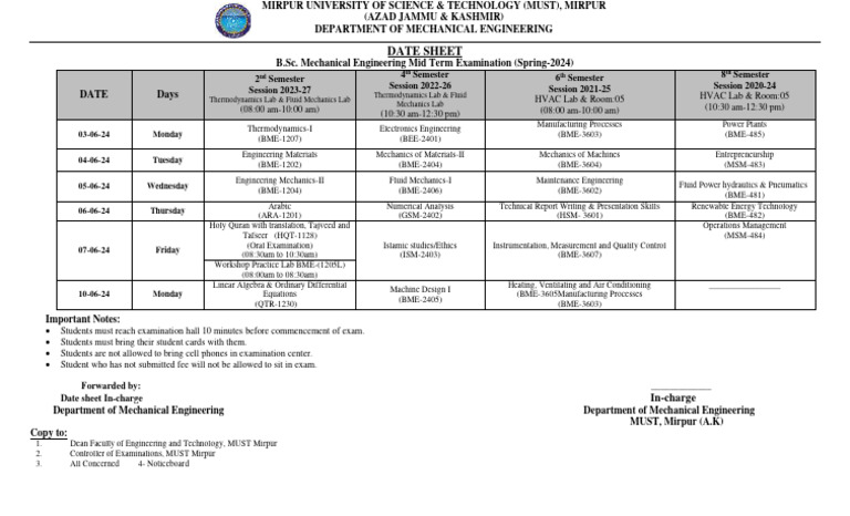 Datesheet Spring 2024 Mid Exam MED | PDF | Mechanical Engineering ...