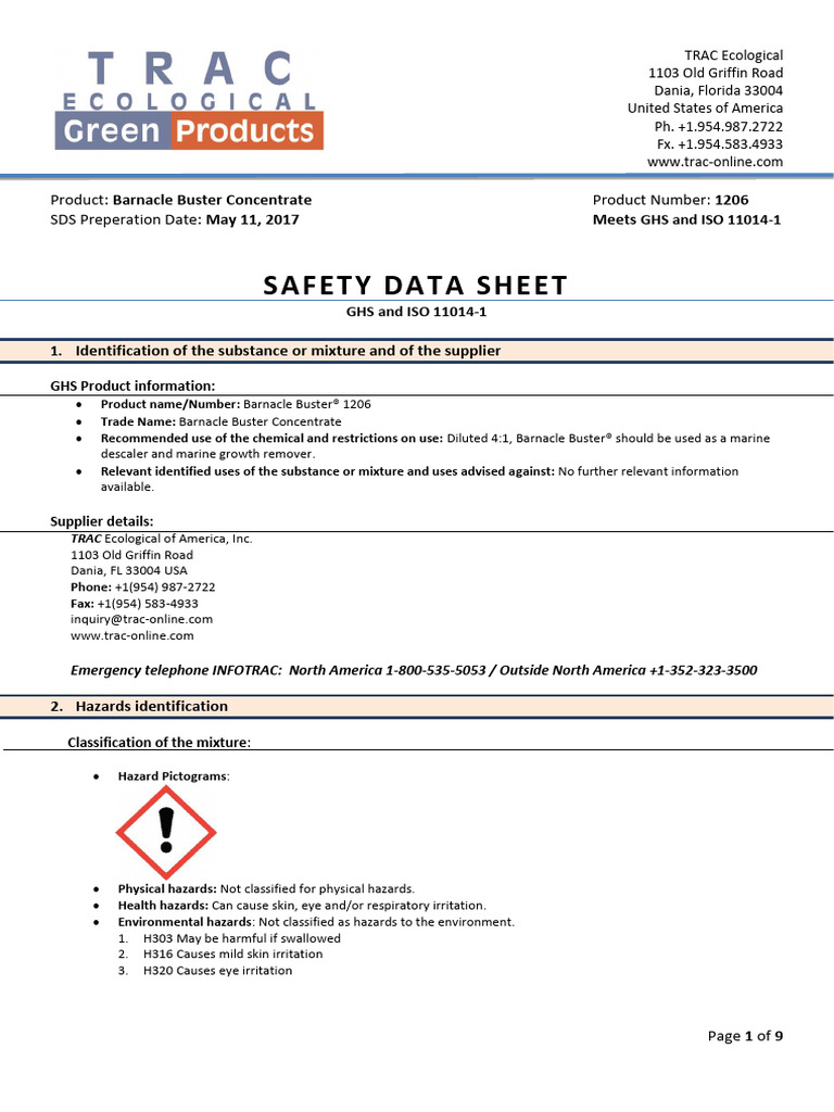 TRAC SDS 1206 Barnacle Buster Concentrate | PDF | Occupational Safety ...