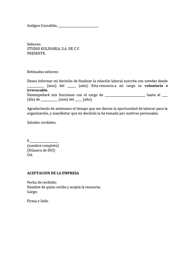 Modelo de carta de renuncia laboral | PDF | Crecimiento personal y ...
