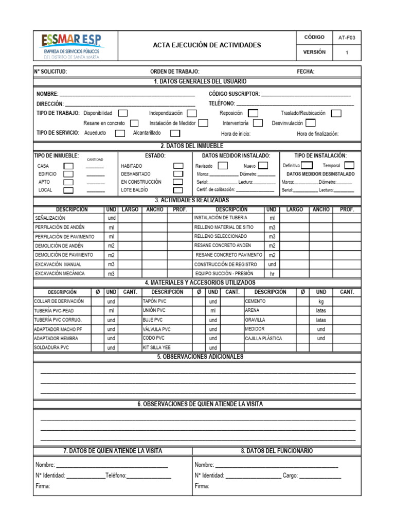 AT-F03-Acta-de-ejecucion-de-actividades-v1 | PDF | Plomería | Ingeniería mecánica
