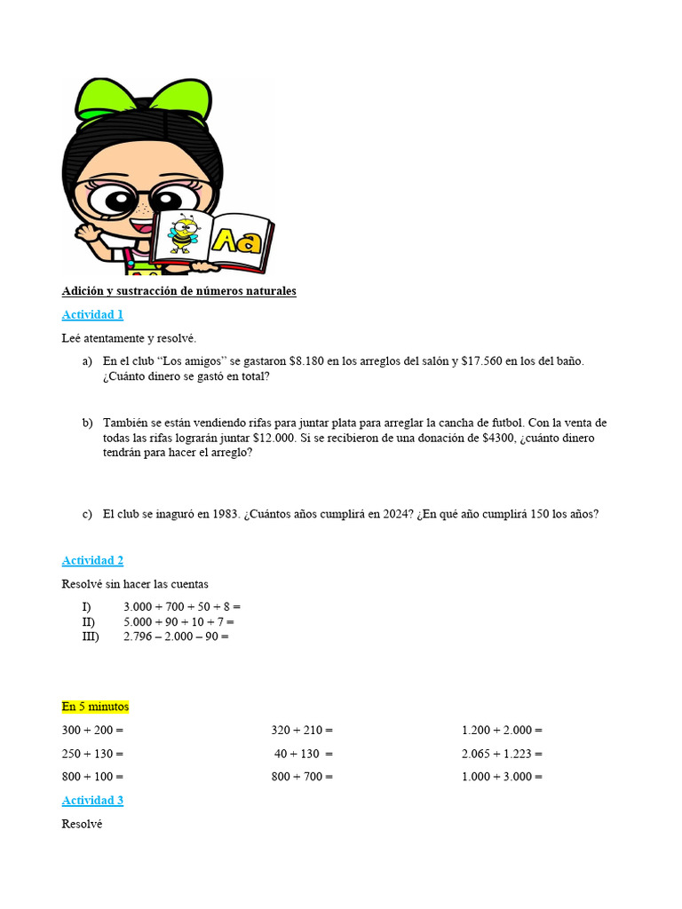 Actividades De Adición Y Sustracción De Números Naturales Pdf