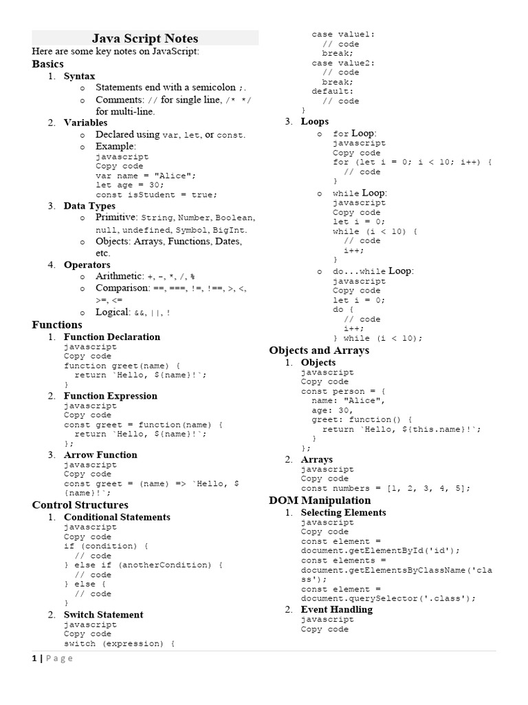Java Script Notes | PDF | Java Script | Control Flow Java Script Notes | PDF | Java Script | Control Flow