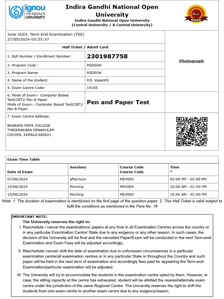 IGNOU June-2024 - Hall Ticket - Admit Card PRV | PDF