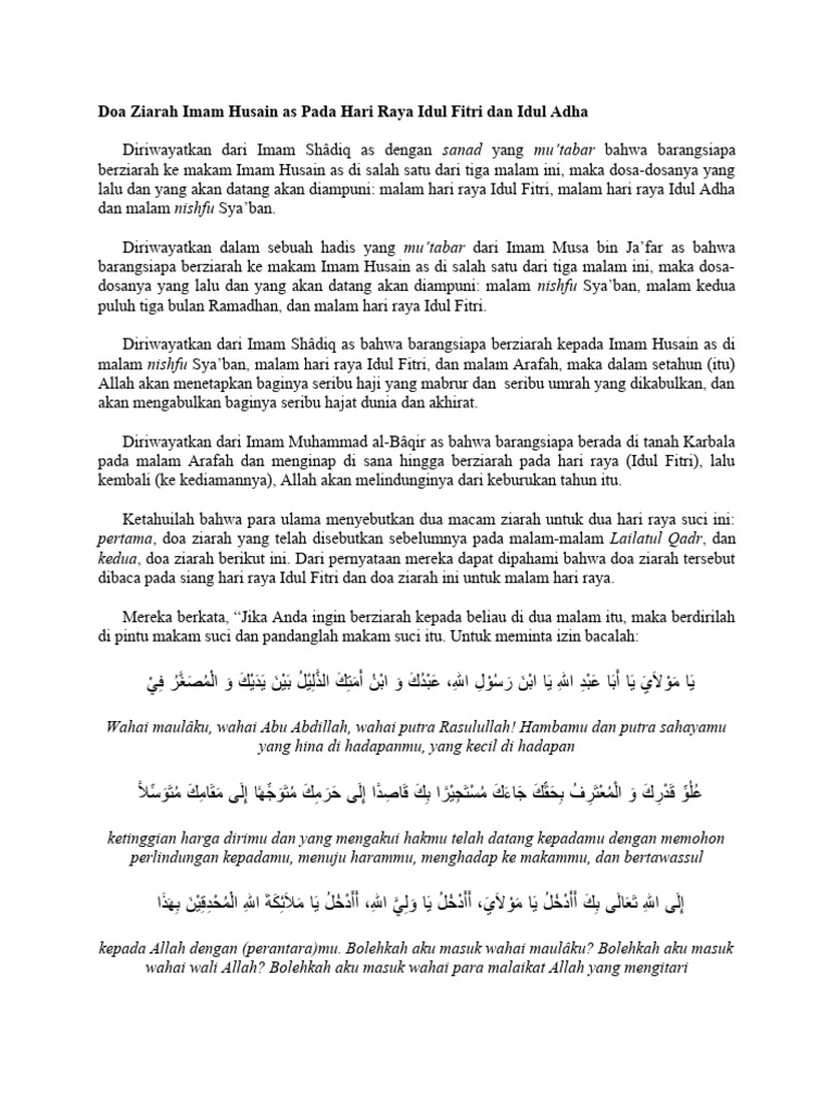 Doa Ziarah Imam Husain As Pada Hari Raya Idul Fitri Dan Idul Adha | PDF