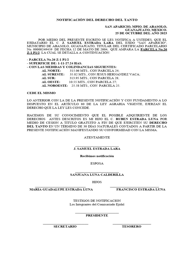 Formato NOTIFICACION DERECHO DEL TANTO CORRECTO | PDF