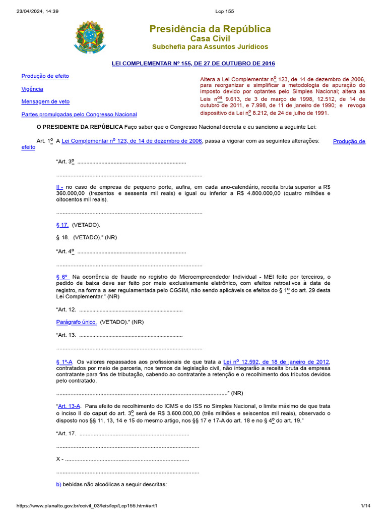 Lei Complementar 155-2016 | PDF | Business | Economias