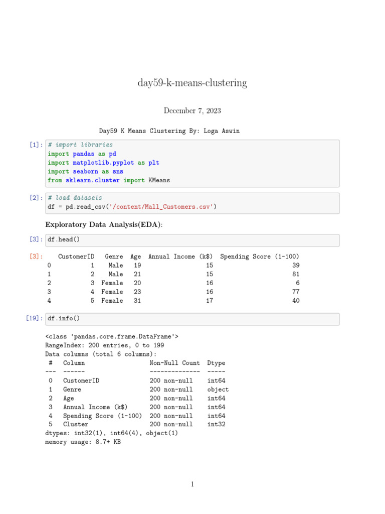 Day59 K Means Clustering 1701989733 | PDF | Statistical Data Types | Algorithms