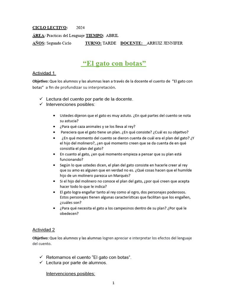 Actividades sobre "El gato con botas" | PDF
