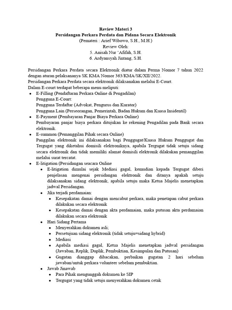 Review Materi 3 Persidangan Pidana Dan Perdata Elektronik | PDF