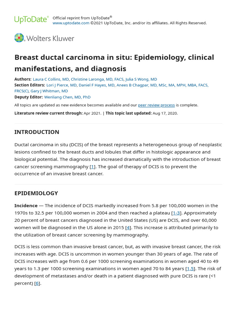 Breast Ductal Carcinoma in Situ - Epidemiology, Clinical Manifestations, and Diagnosis ...
