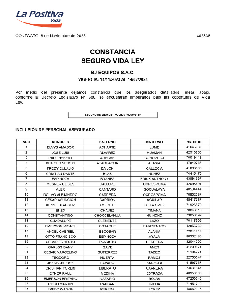 Constancia Seguro Vida Ley | PDF