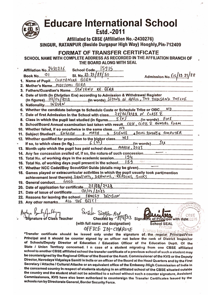 Transfer Certificate 2023-24 | PDF