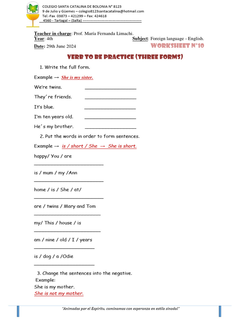 4th Year Worksheet N°10 - 2024 Verb To Be Revision Three Forms | PDF ...