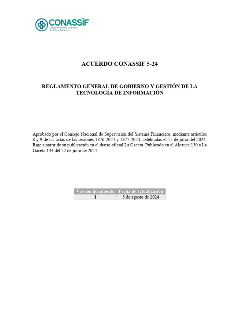 CONASSIF 5-24 Reglamento y Lineamientos TI (v01 5 Agosto 2024) | PDF ...