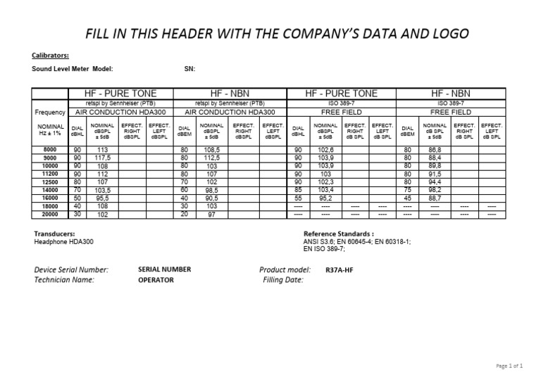 Audiometry HF CALIBRATION-SAMPLE - 2 | PDF | Electrical Engineering ...