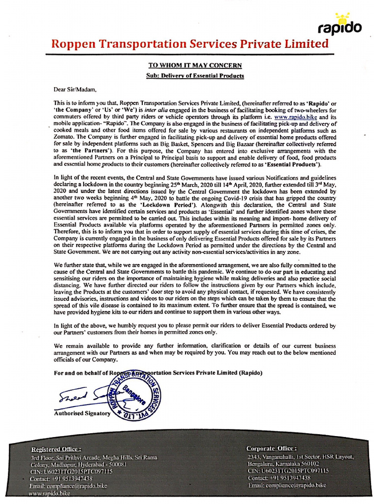 Essential Delivery Service Declaration-V2 | PDF