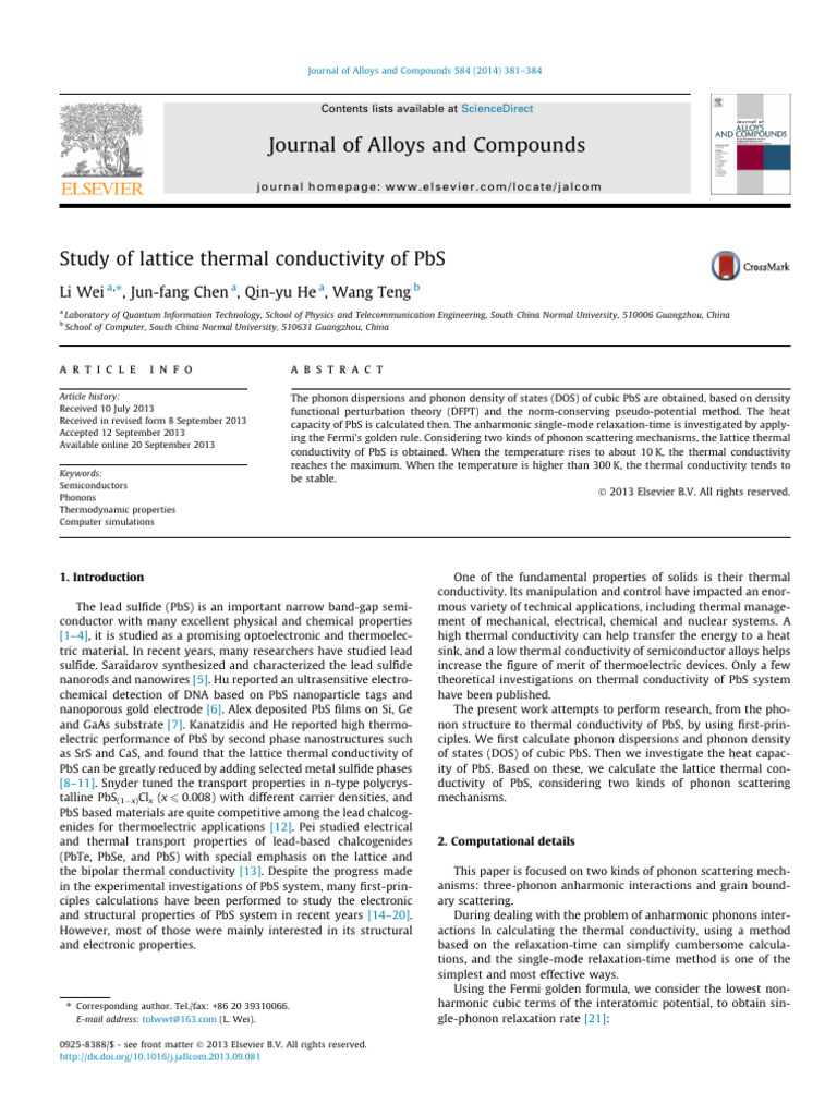 Lattice Thermal Conductivity of PbS Study | PDF | Phonon | Applied And ...