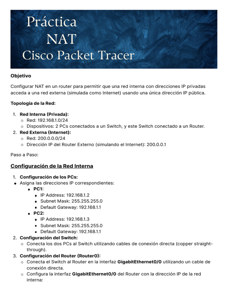 Práctica NAT Cisco Packet Tracer | PDF | Dirección IP | Enrutador ... Práctica NAT Cisco Packet Tracer | PDF | Dirección IP | Enrutador ...