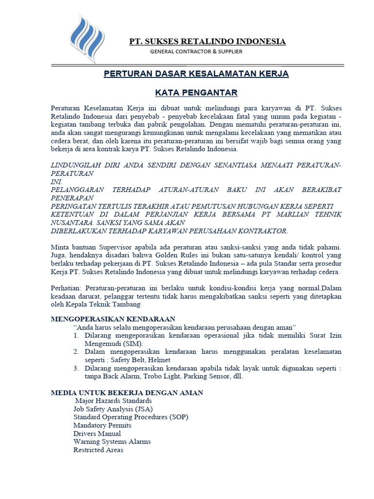 Peraturan Dasar Keselamatan Kerja | PDF