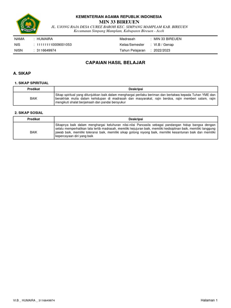 Rapor VI.B - HUMAIRA - 3116649974 | PDF