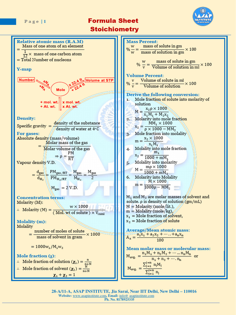 Stoichiometry Formula Sheet ASAP Institute | PDF | Mole (Unit) | Molar Concentration