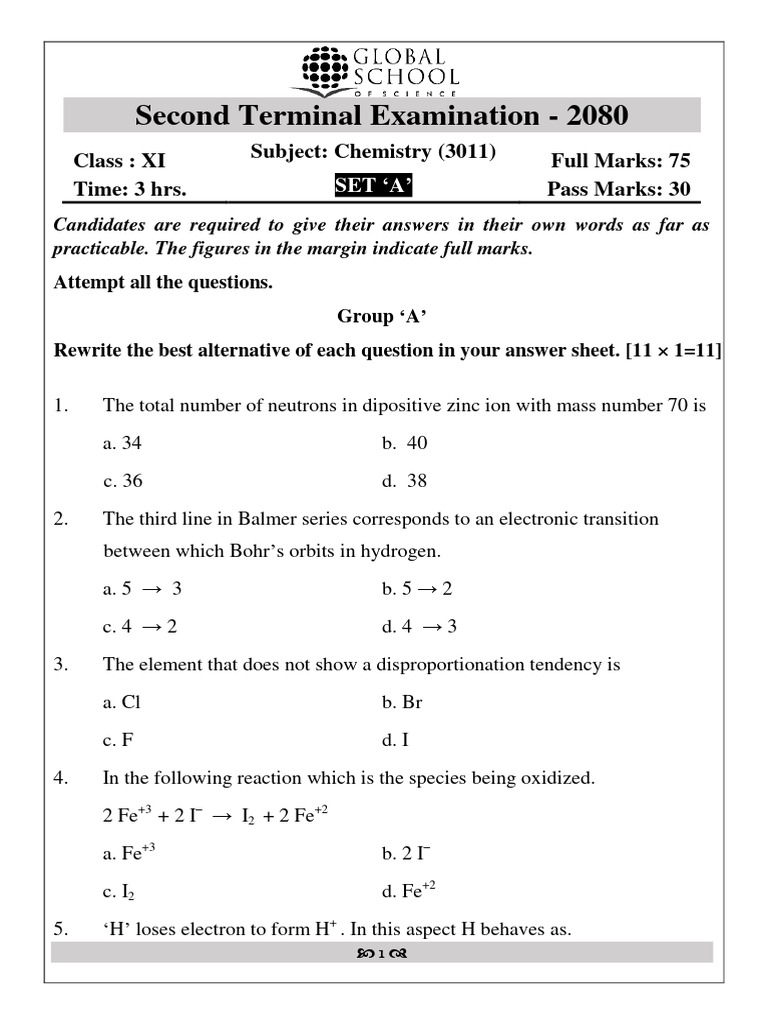 Che (Set A) Xi - 2ND Term 79 Final Print | PDF | Chemical Reactions | Redox
