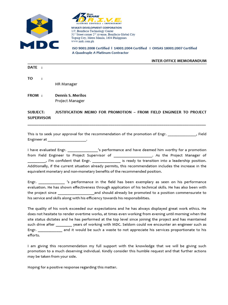 Justification Memo For Promotion | PDF | Business | Technology ...