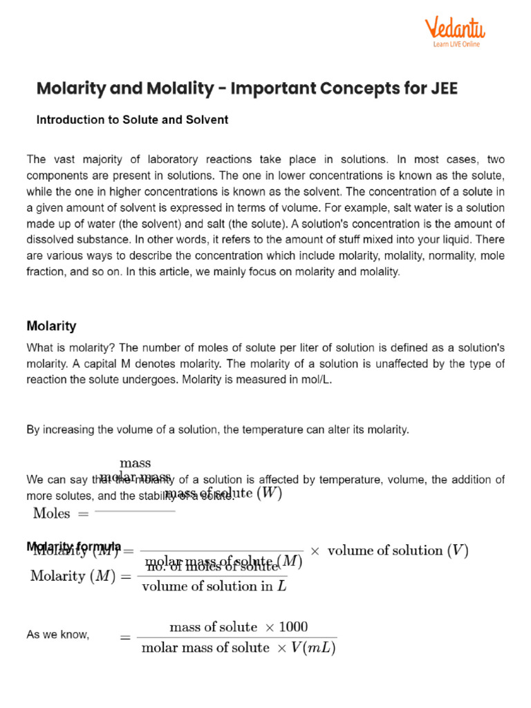 Molarity and Molality - Important Concepts For JEE | PDF
