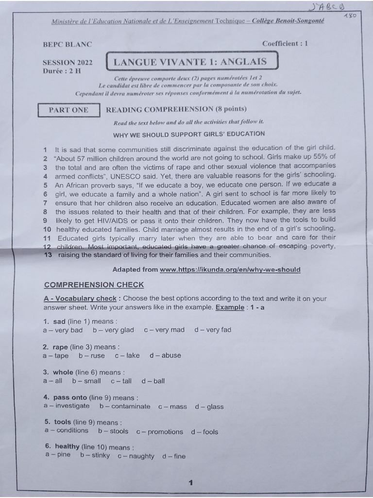 Sujet Bepc Blanc Anglais 2023 | PDF